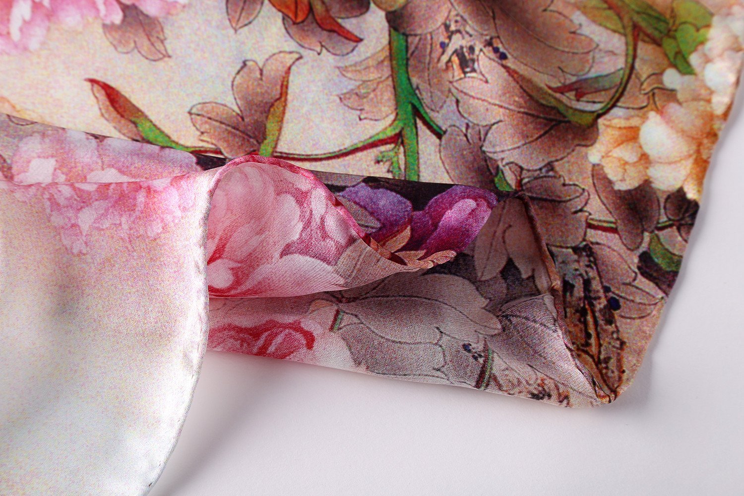 Long Charmeuse Silk Scarf Champagne Color Floral Print Long Charmeuse Silk Scarf Champagne Color Floral Print